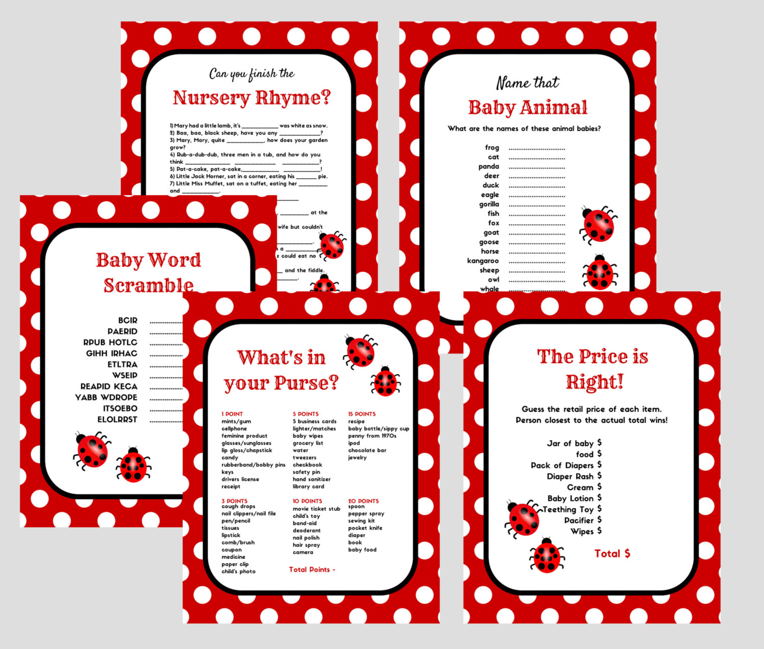 Ladybug Printable Baby Shower Games Baby Word Scramble Price Is Right